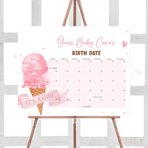 Editable Pink Ice Cream Baby Shower Due Date Calendar, Here's the Scoop ...