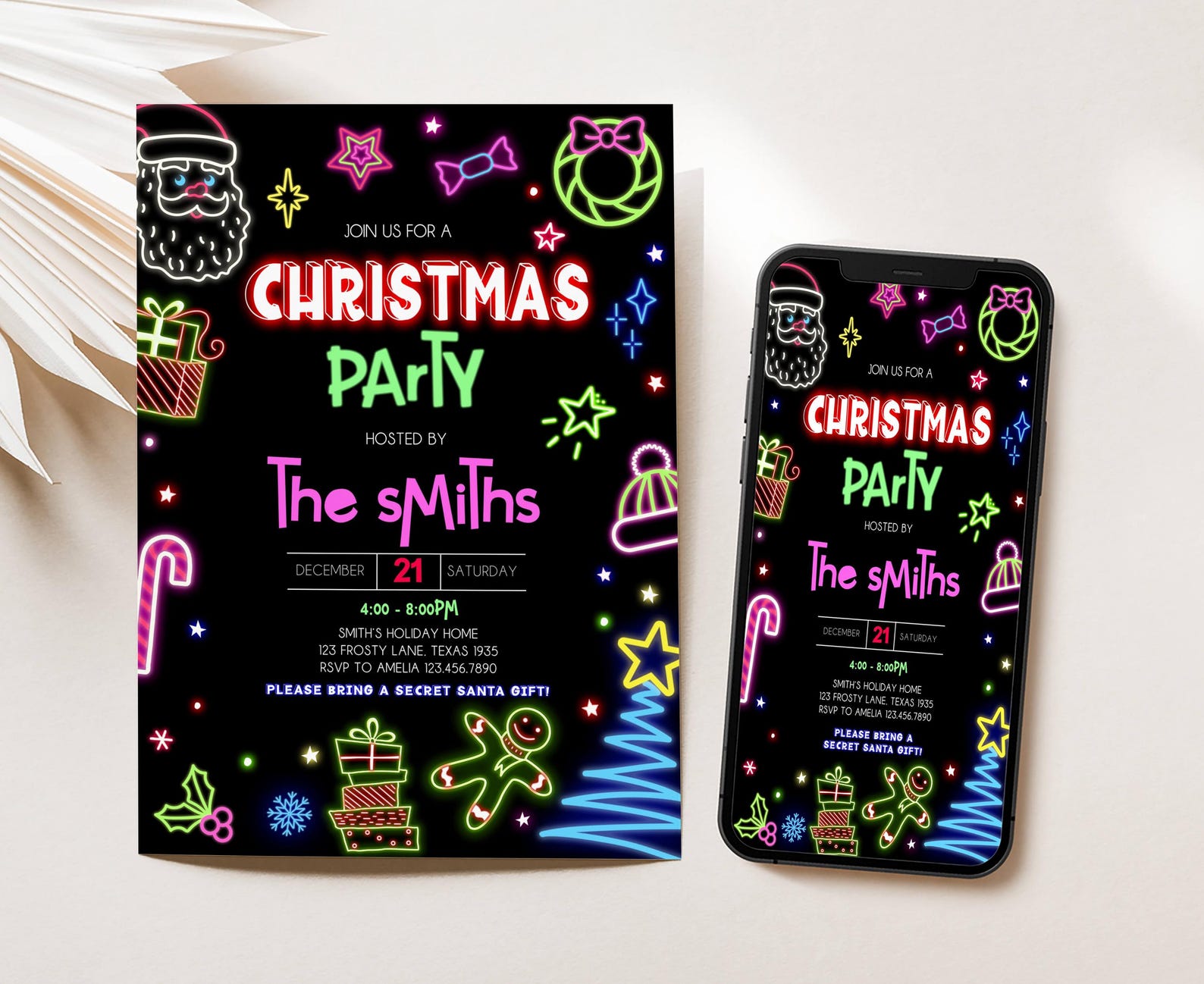 Editable Christmas Party Glow Invitation, Kids Neon Christmas ...