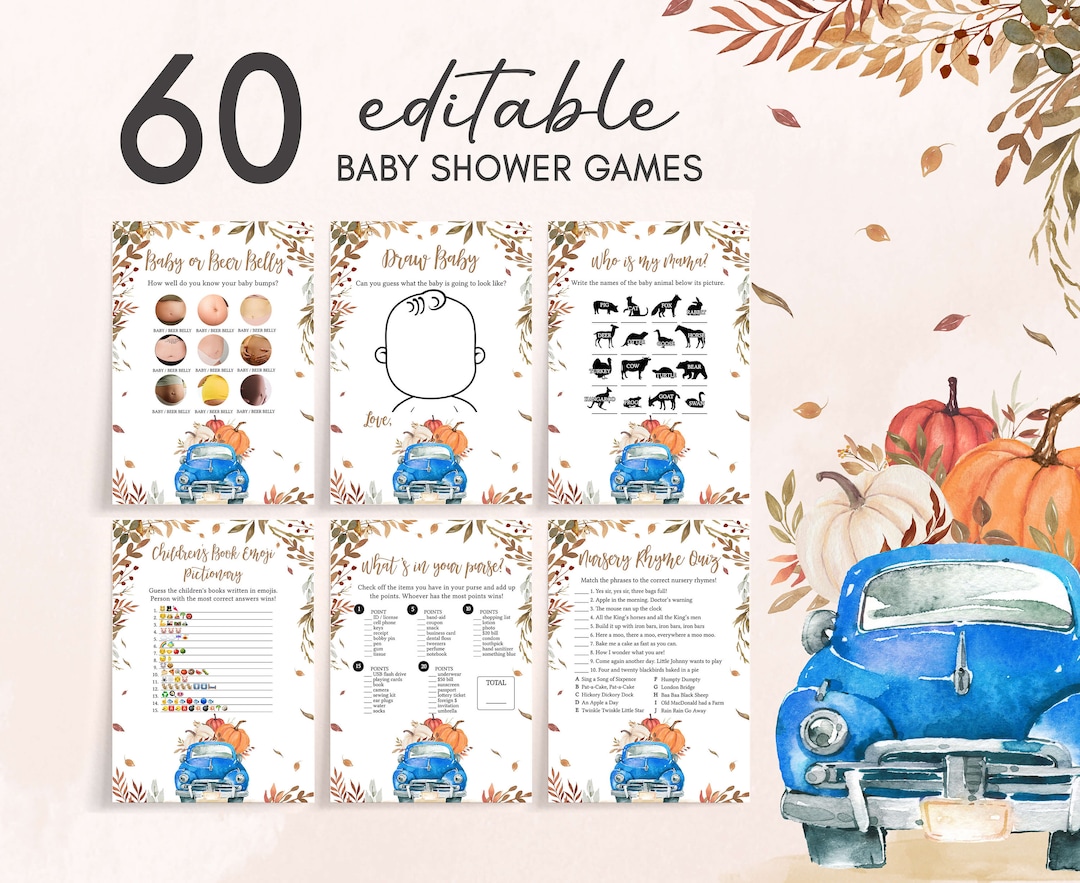 Editable Blue Fall Pumpkin Truck Baby Shower Games Bundle, Boy Little ...