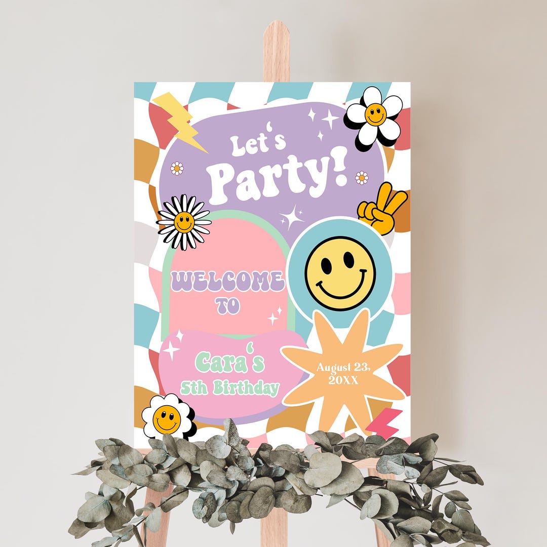 Editable Checkered Smiley Face Birthday Welcome Sign, Retro Smiley Face ...