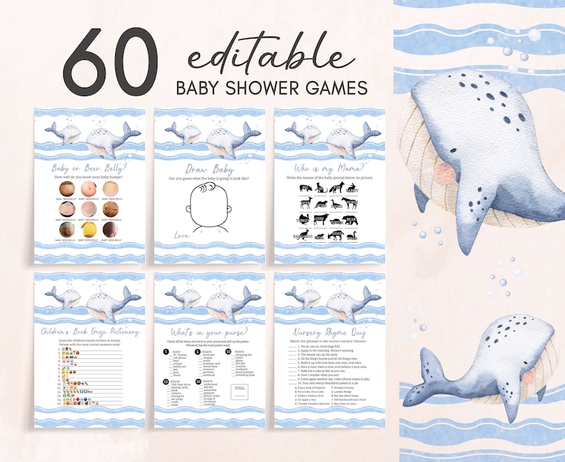 Whale Baby Shower Games Bundle Under the Sea Baby Shower Activities ...