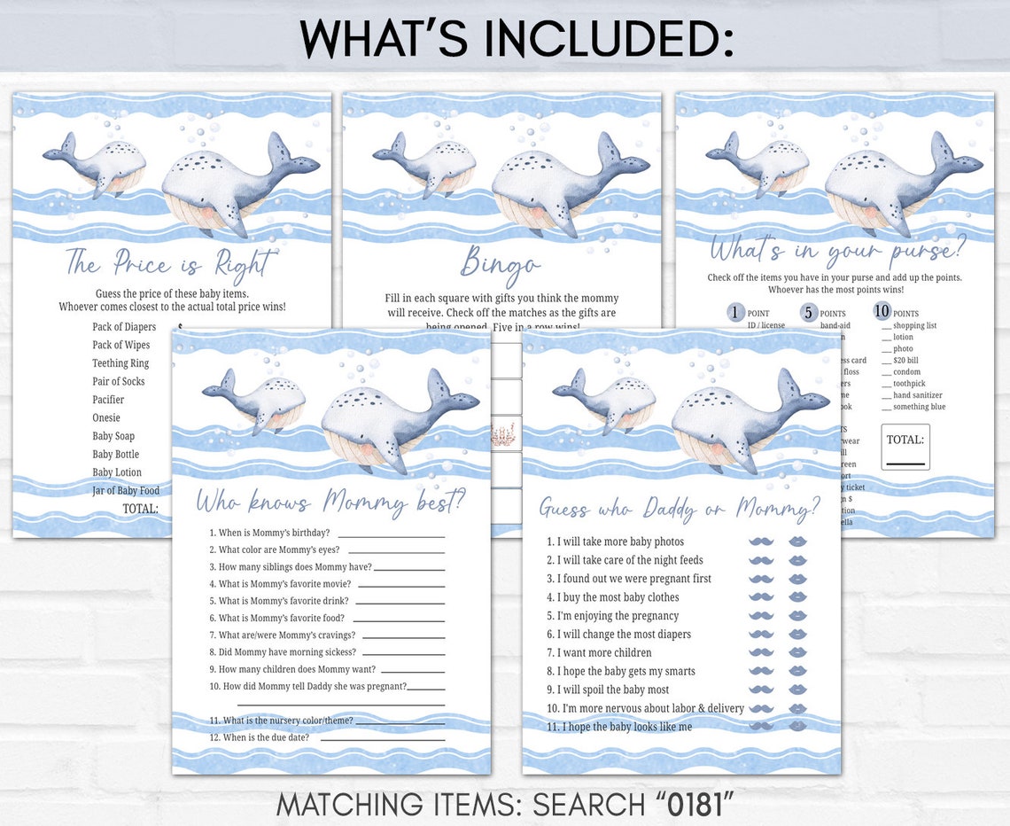 Whale Baby Shower Games Bundle Under the Sea Baby Shower | Etsy