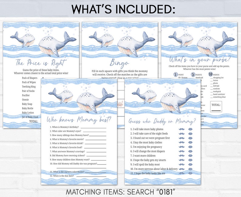 Whale Baby Shower Games Bundle Under the Sea Baby Shower | Etsy