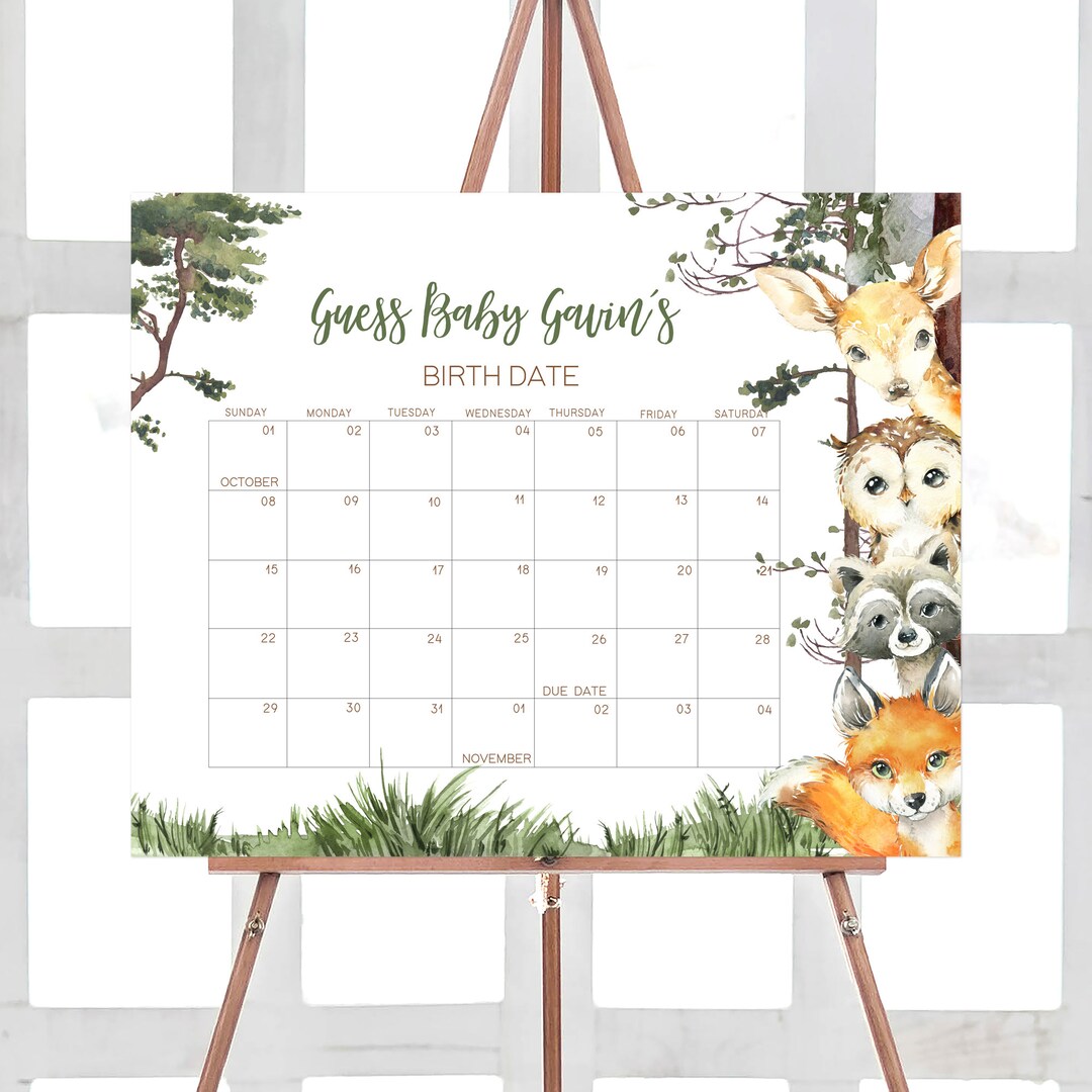 Editable Woodland Baby Shower Due Date Calendar, Woodland Boy Baby ...