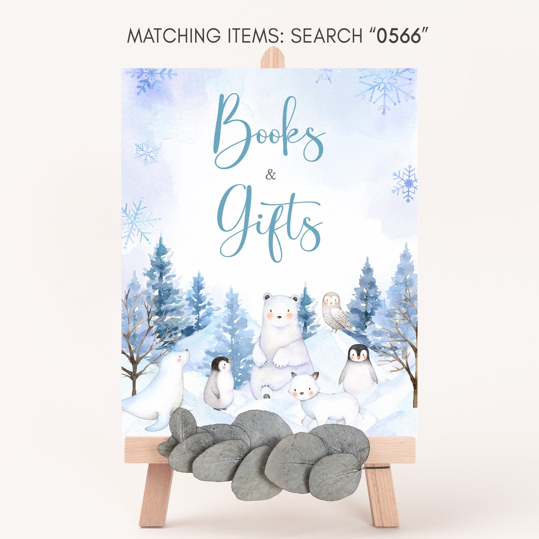 Winter Arctic Animals Baby Shower Books and Gifts Sign, Blue Baby It's ...