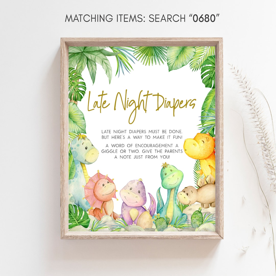 Late Night Diapers Sign Dinosaur Baby Shower, Greenery Dino Baby Shower ...