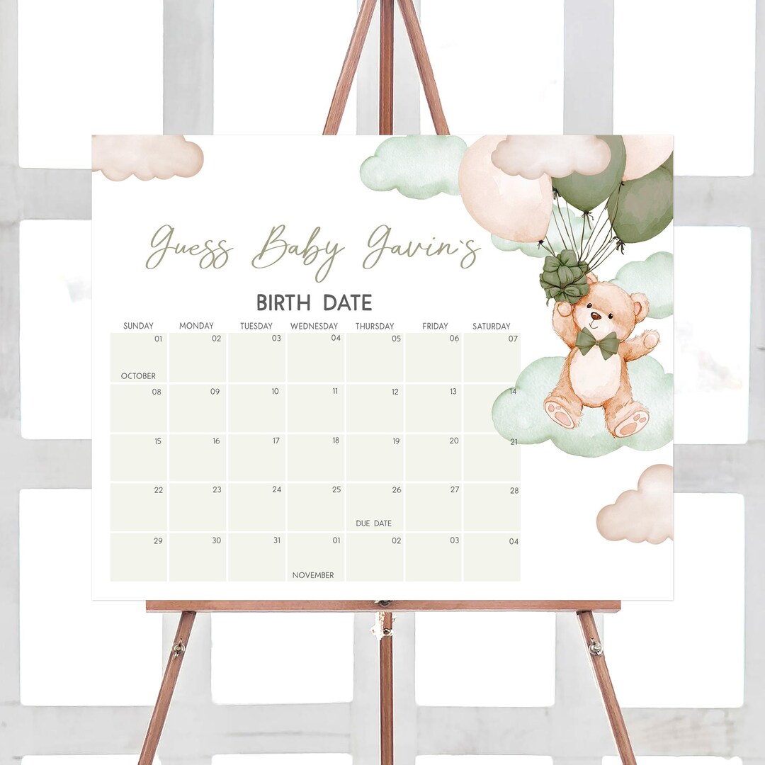 Editable We Can Bearly Wait Baby Shower Due Date Calendar, Green ...