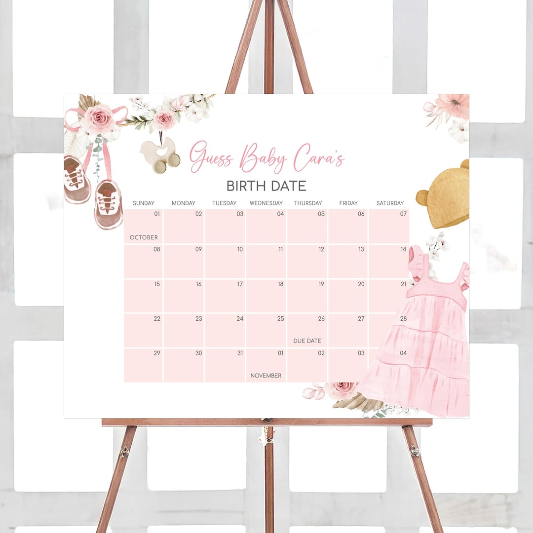 Editable Girl Baby Clothes Baby Shower Due Date Calendar, Sweet Baby ...