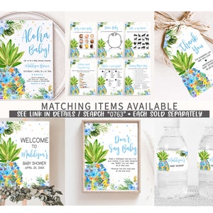 Editable Blue Pineapple Aloha Baby Shower Due Date Calendar, Floral ...