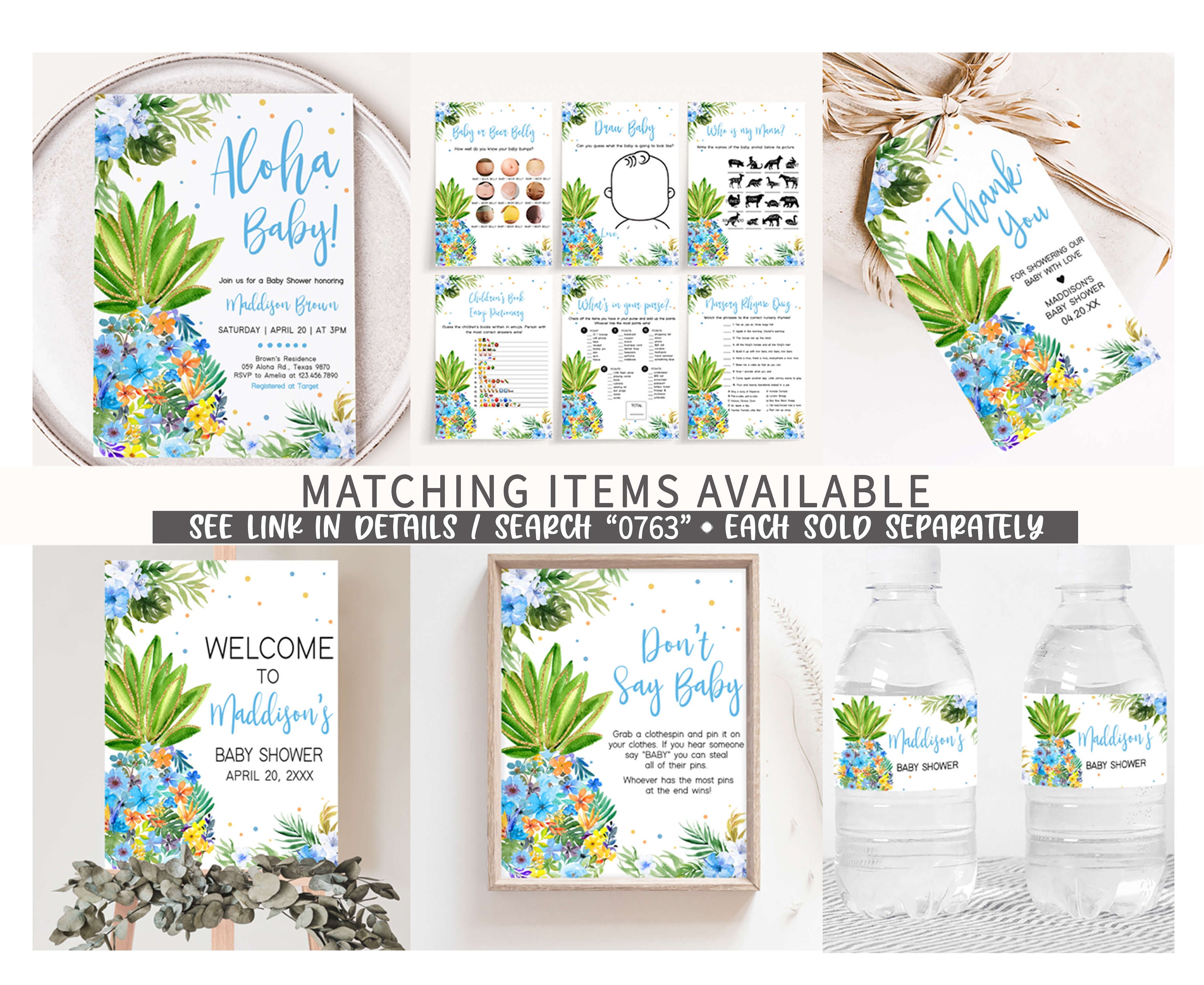 Editable Blue Pineapple Aloha Baby Shower Due Date Calendar, Floral ...