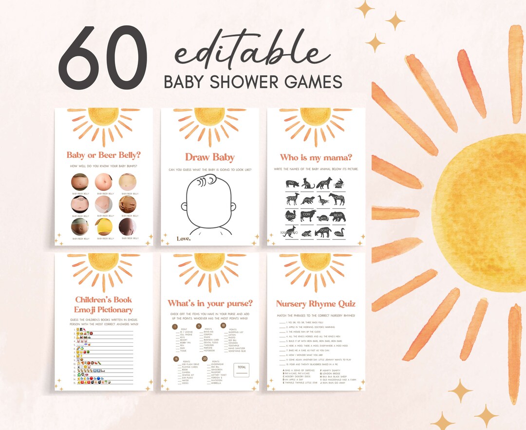Editable Sunshine Baby Shower Games Bundle, Here Comes the Son Baby ...