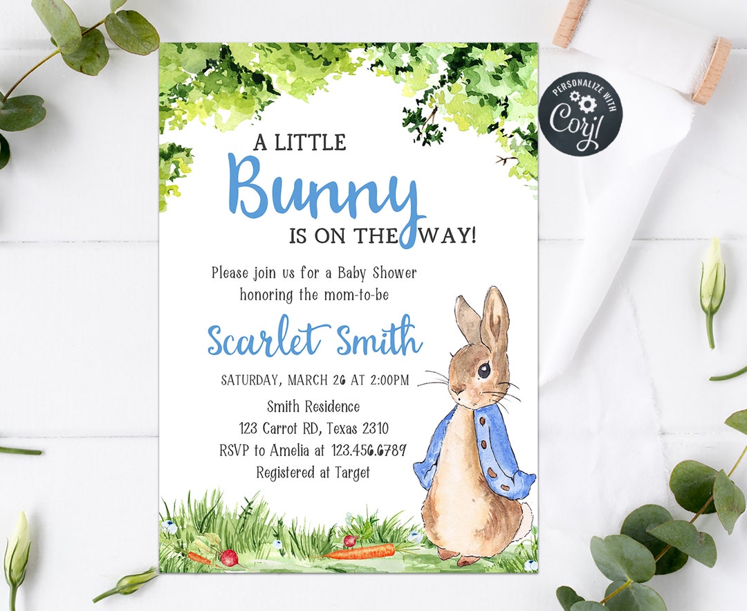 Editable Peter Rabbit Baby Shower Invitation, Blue Bunny Baby Shower ...