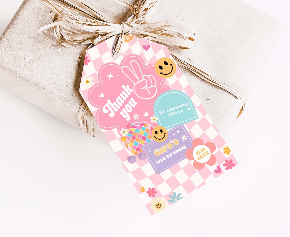 Editable Peace Out Single Digits Birthday Favor Tags, Retro Checkered ...