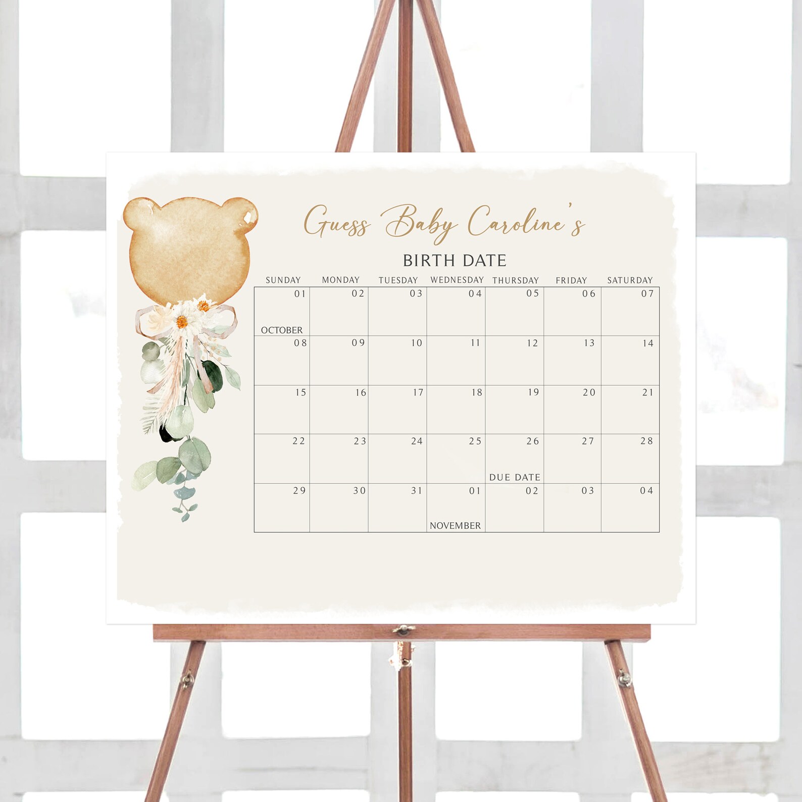 Editable Bear Baby Shower Due Date Calendar, Teddy Bear Baby Shower ...