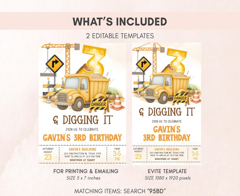 Editable 3 and Digging It Birthday Invitation, Construction Party ...