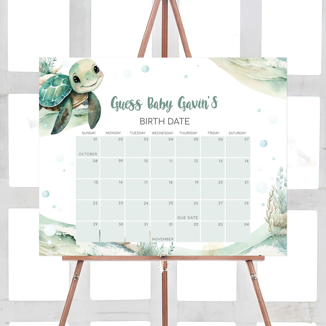 Editable Sea Turtle Baby Shower Due Date Calendar, Under the Sea Baby ...