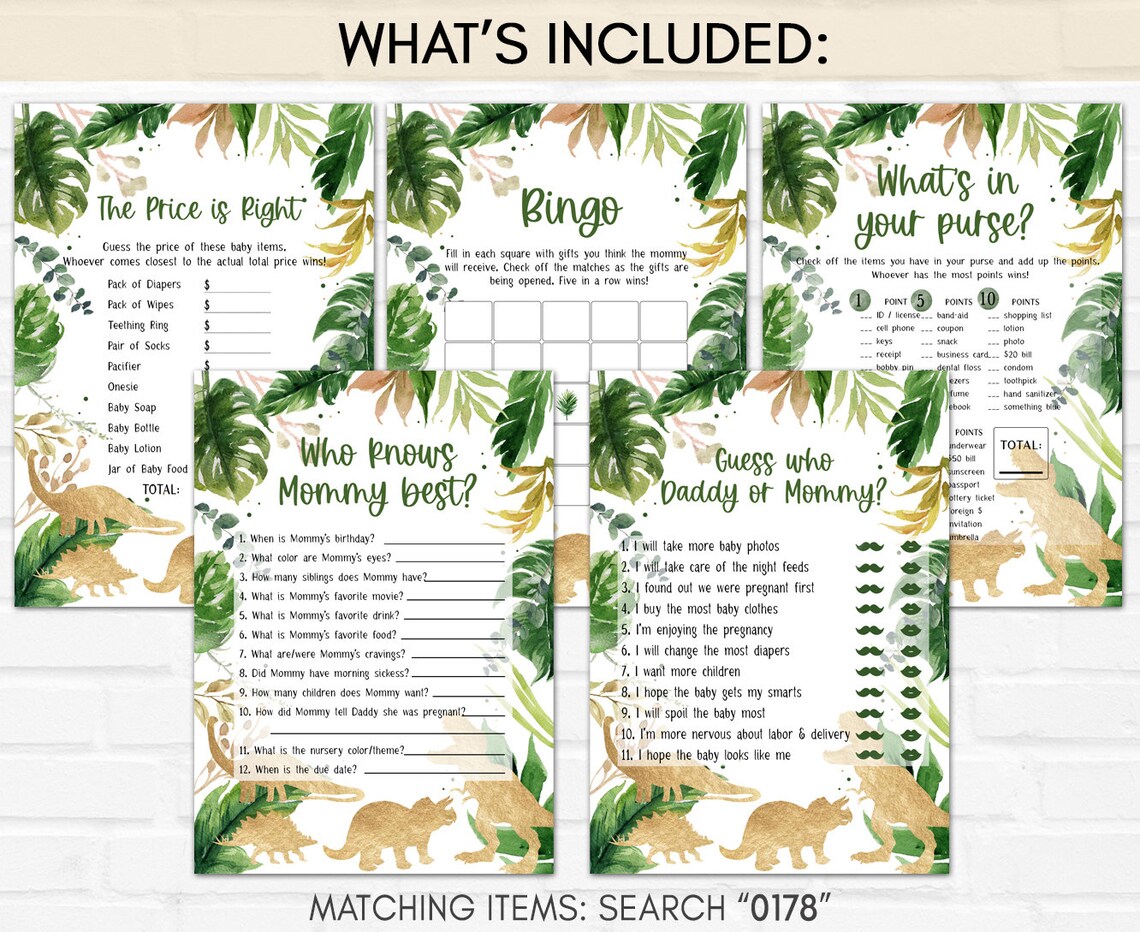 Dinosaur Baby Shower Games Bundle Gold Dino Baby Shower Game - Etsy