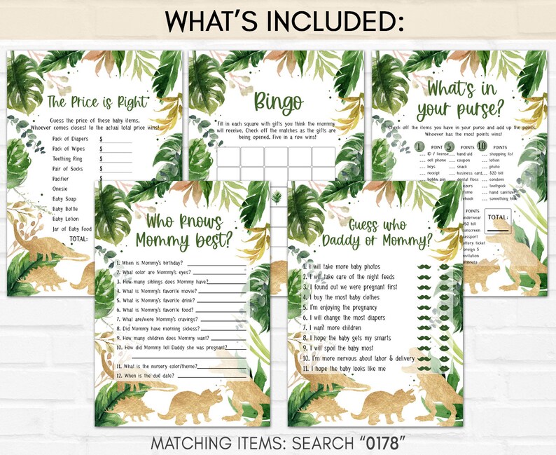 Dinosaur Baby Shower Games Bundle Gold Dino Baby Shower Game - Etsy