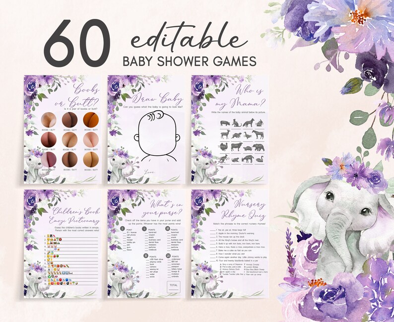 Editable Purple Elephant Baby Shower Games Bundle Lavender - Etsy