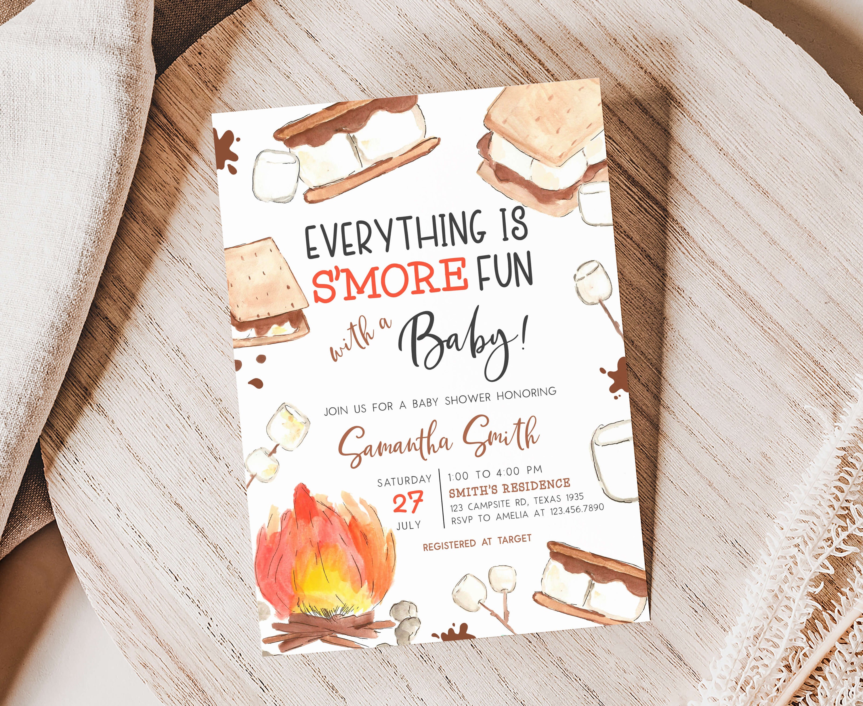 Editable Smore Baby Shower Invitation, Bonfire Camping Baby Shower ...