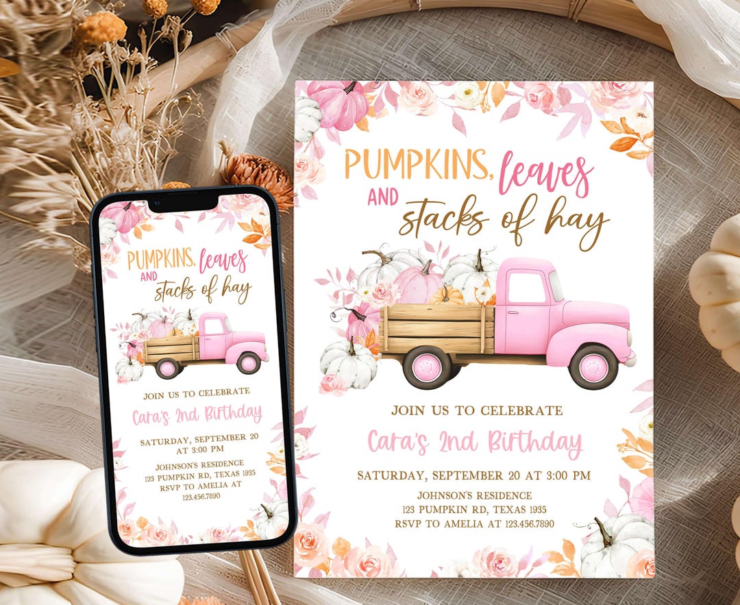 Editable Pink Pumpkin Leaves and Stacks of Hay Birthday Invitation ...