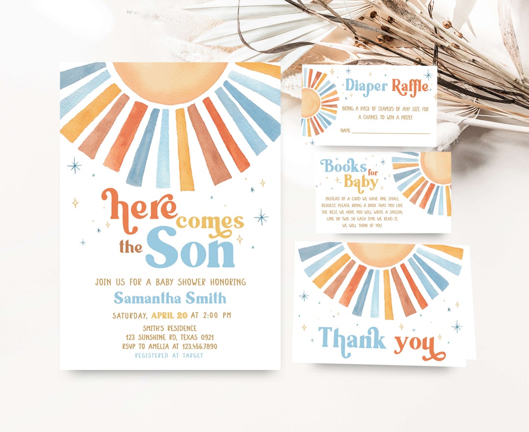 Editable Sunshine Baby Shower Invitation Bundle, Here Comes the Son ...