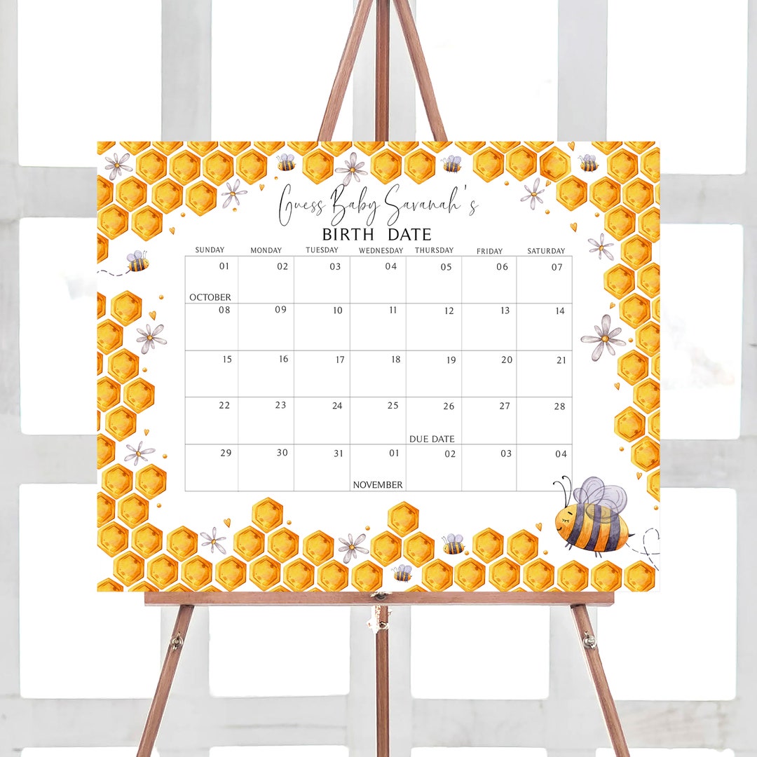 Editable Bee Baby Shower Calendar Sweet as Can Bee Baby Shower Due Date ...