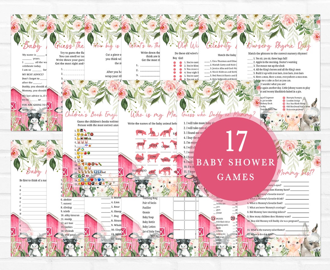 Girl Farm Baby Shower Games Bundle, Floral Farm Animals Baby Shower ...