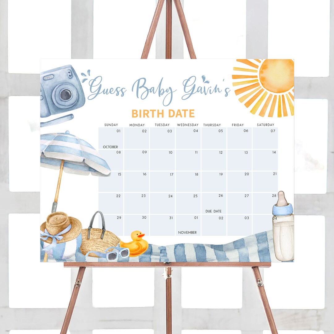 Editable Blue Beach Summer Baby Shower Due Date Calendar, Boy Splish ...