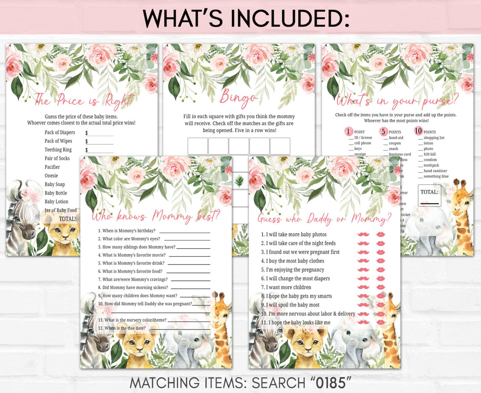 Jungle Baby Shower Game Bundle Girl Safari Animals Baby Shower | Etsy
