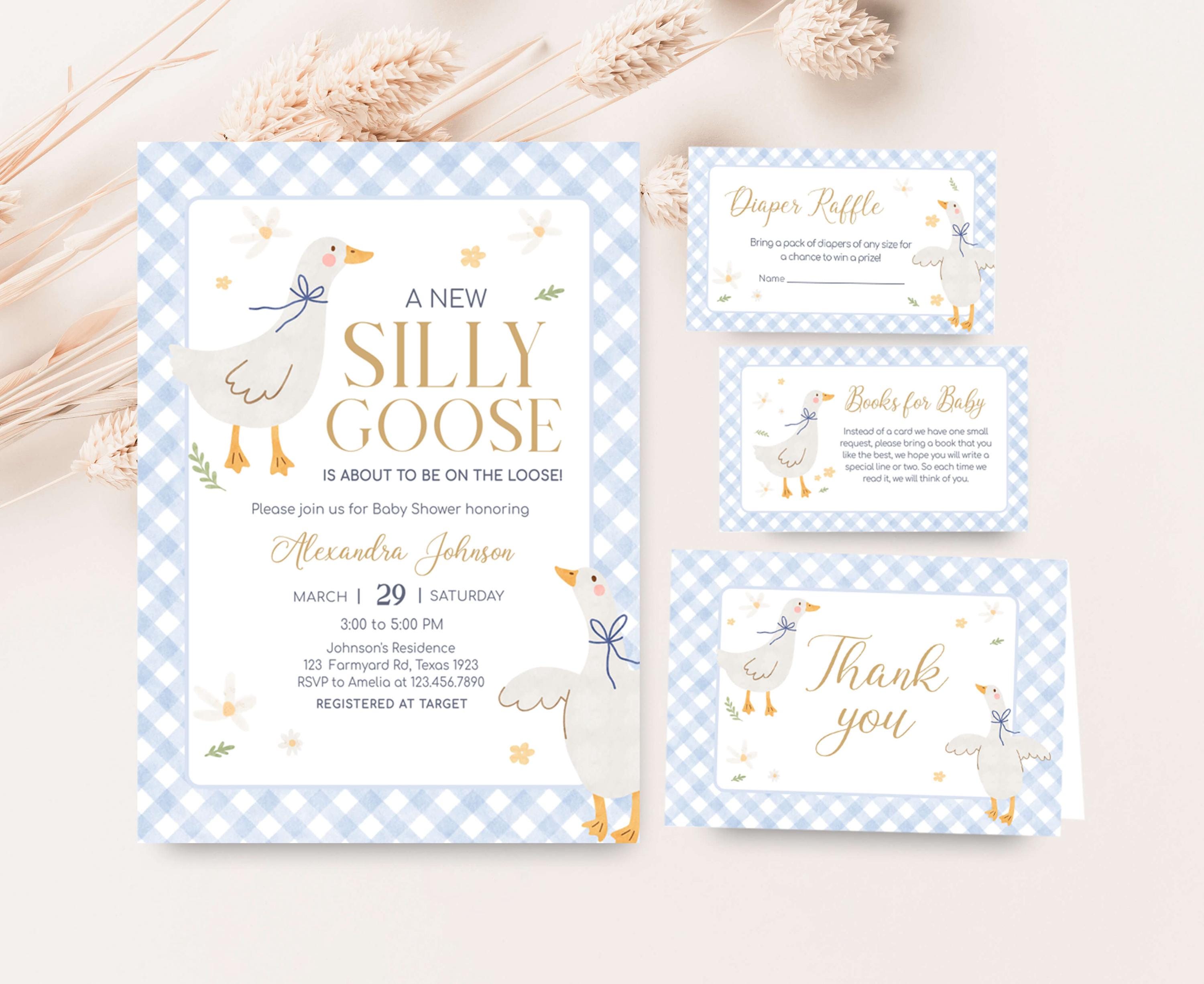 Editable Silly Goose Baby Shower Invitation Bundle, Baby Goose Blue ...