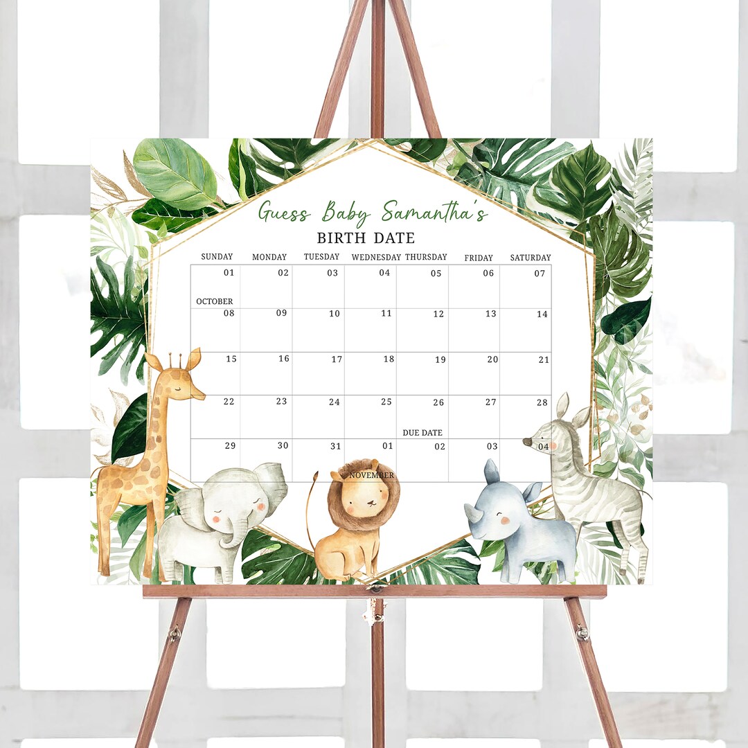 Editable Wild One Baby Shower Due Date Calendar, Greenery Safari Jungle ...