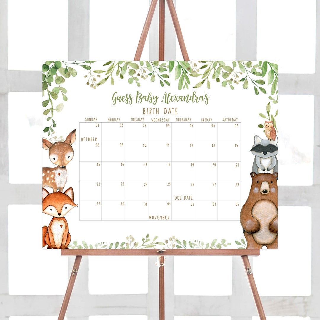 Editable Woodland Baby Shower Due Date Calendar, Greenery Woodland ...