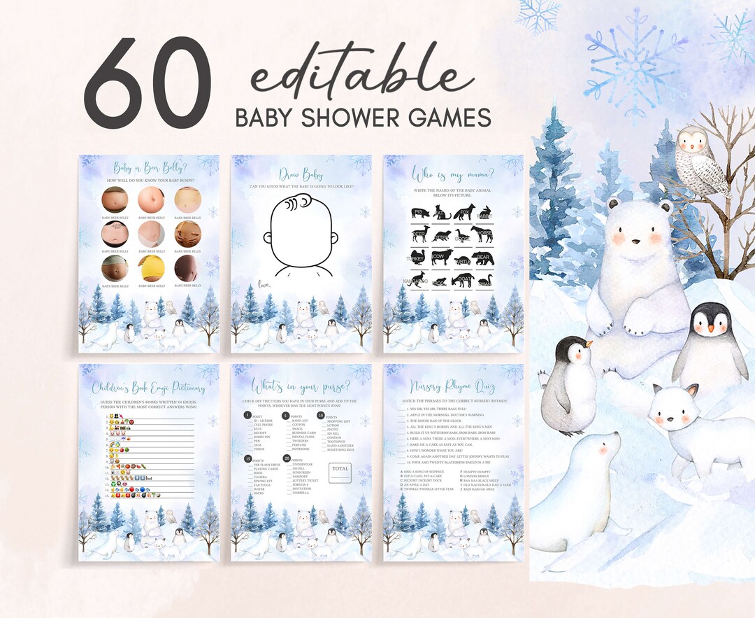 Editable Winter Arctic Animals Baby Shower Games Bundle, Blue Baby It's ...