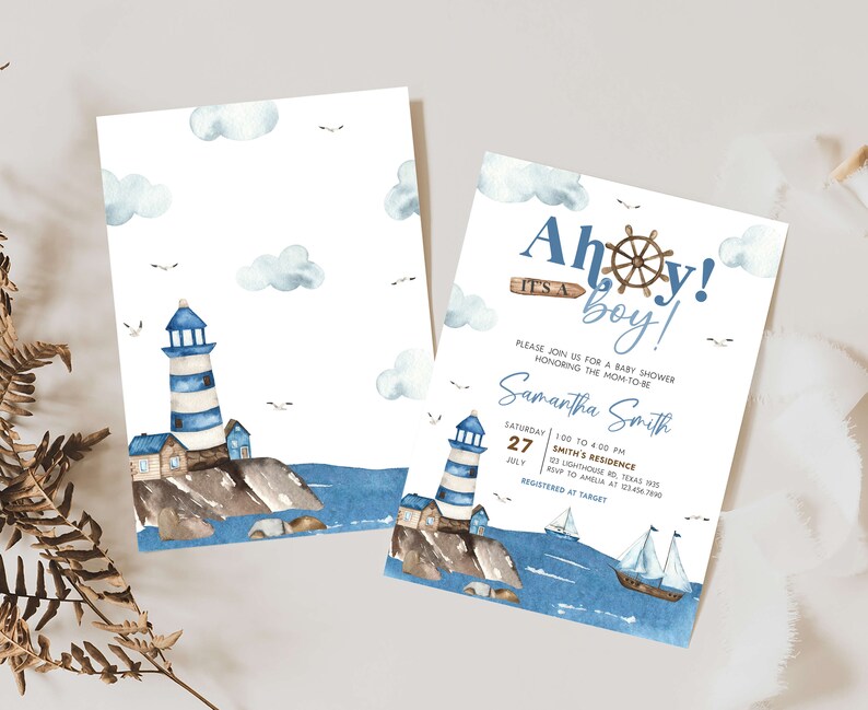 Editable Ahoy It's A Boy Baby Shower Invitation Bundle, Nautical Baby ...