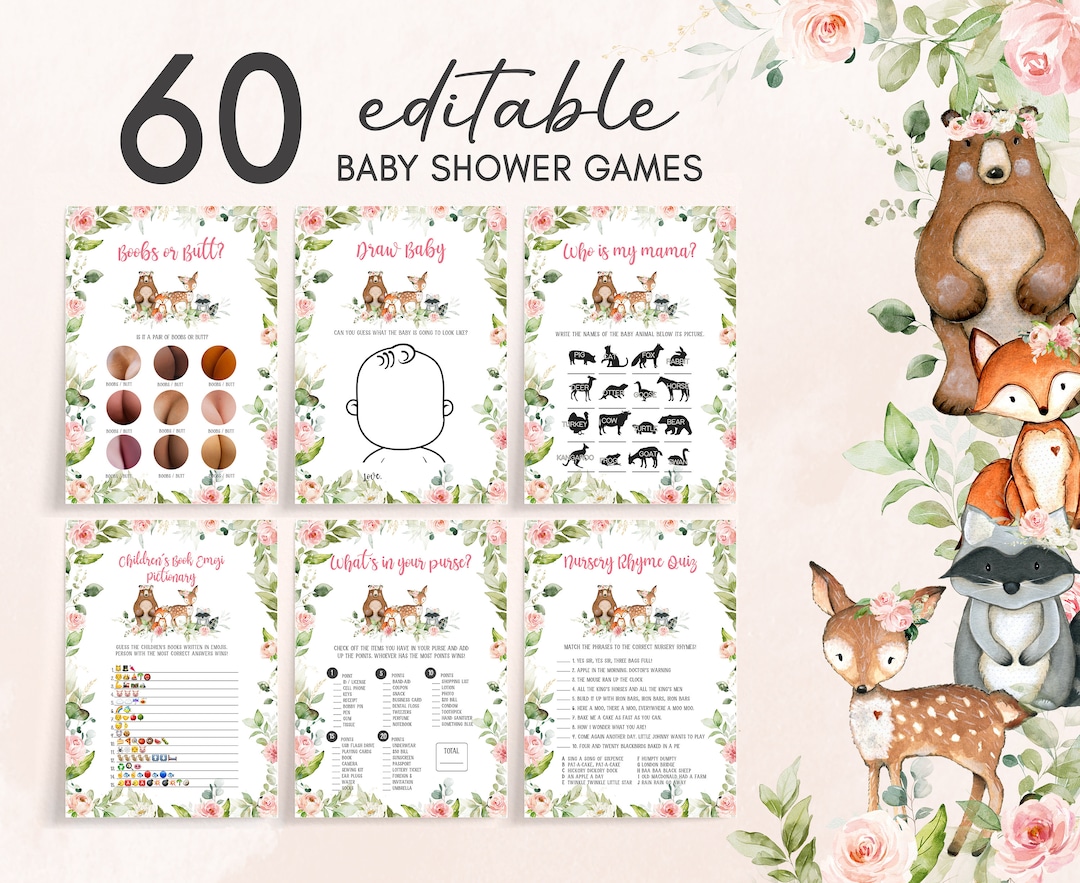 Editable Floral Woodland Baby Shower Games Bundle, Woodland Animals ...