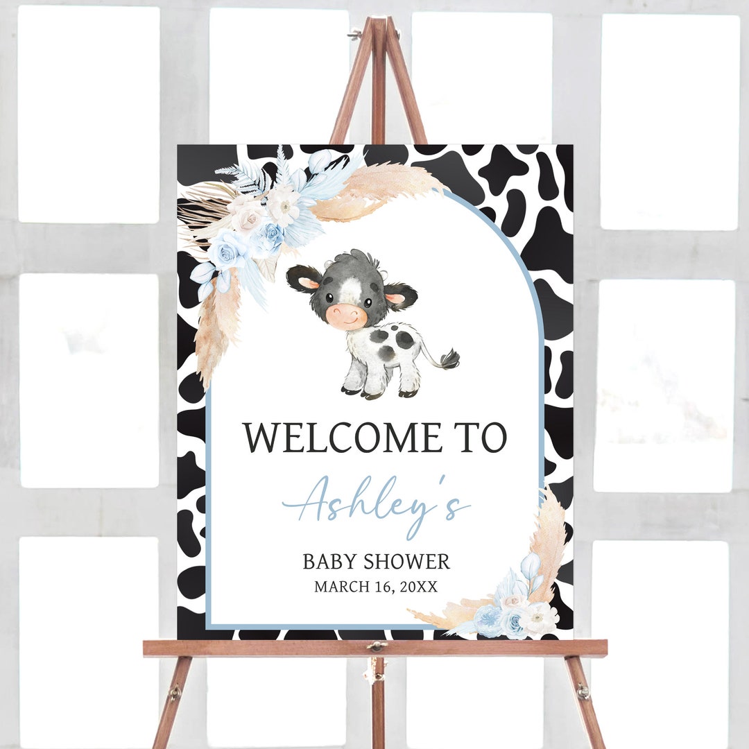 Editable Boy Holy Cow Baby Shower Welcome Sign, Blue Highland Cow Baby ...
