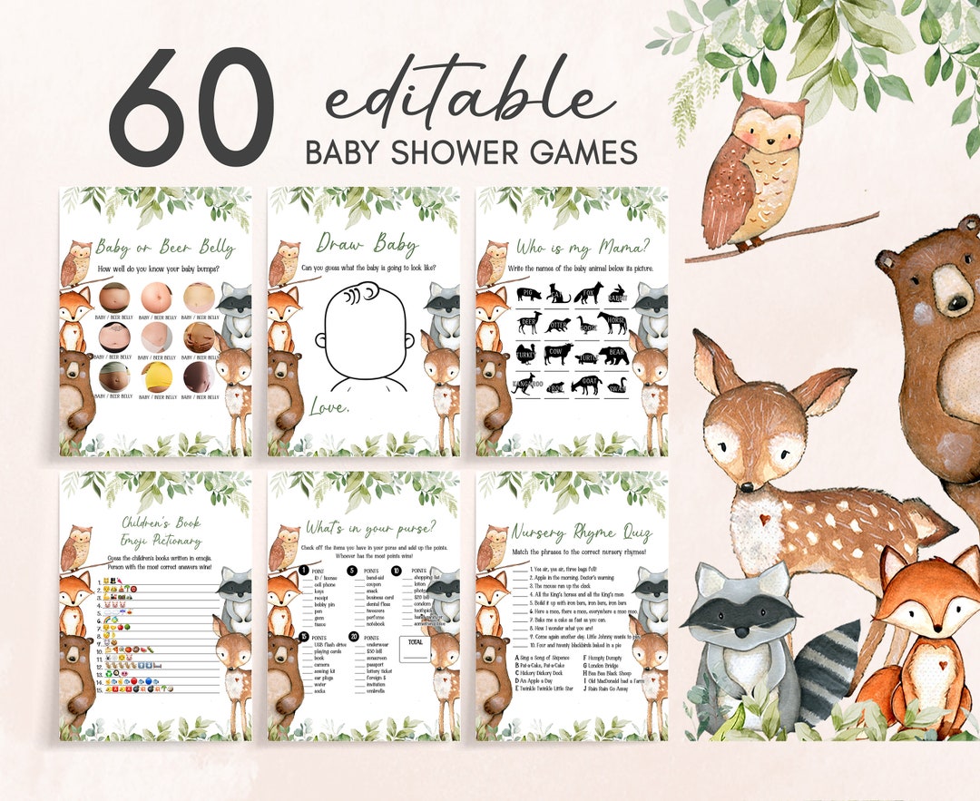 Editable Woodland Baby Shower Games Bundle Greenery Woodland Animals ...