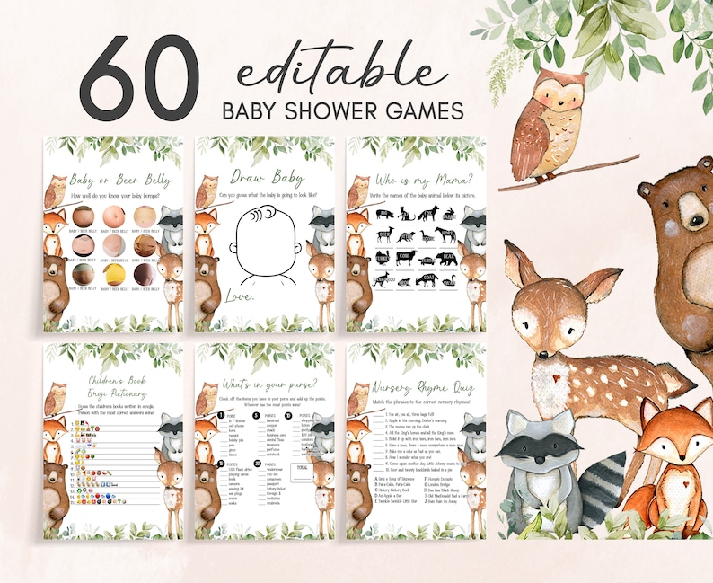 Editable Woodland Baby Shower Games Bundle Greenery Woodland Animals ...