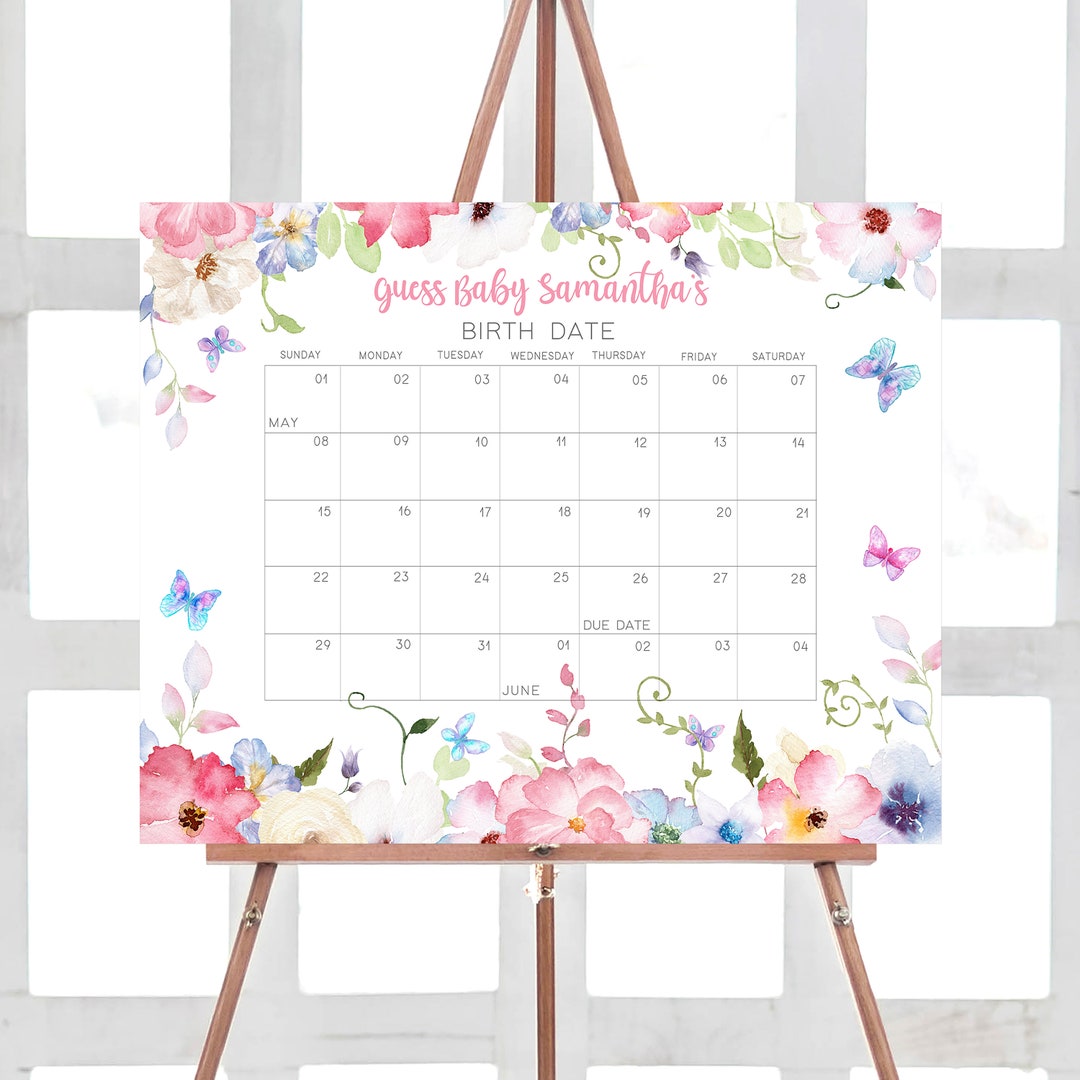 Editable Butterfly Baby Shower Calendar, Spring Floral Butterfly Shower ...