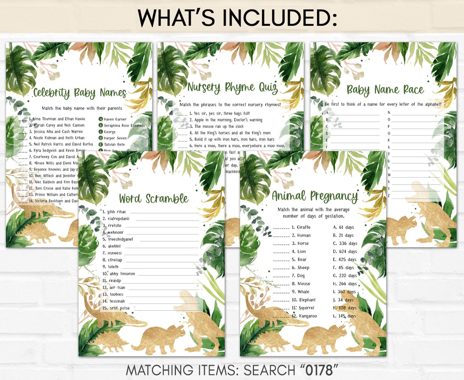 Dinosaur Baby Shower Games Bundle Gold Dino Baby Shower Game - Etsy