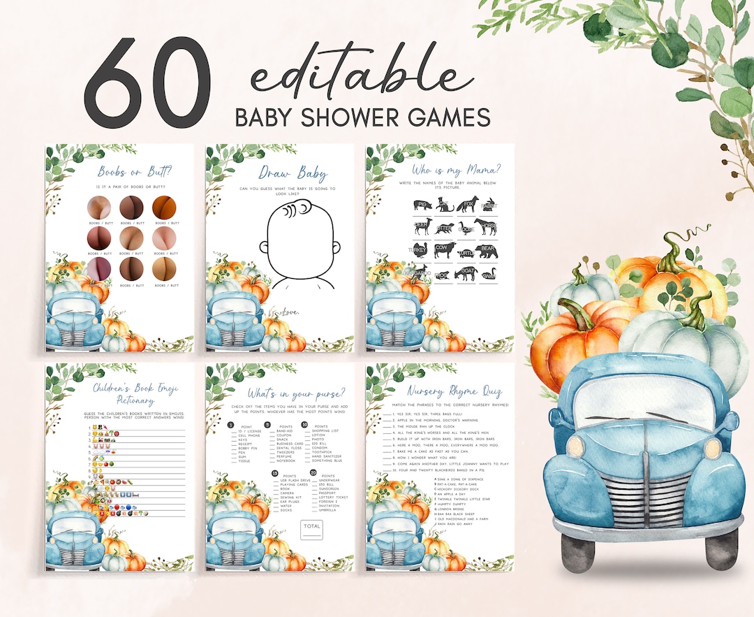 Editable Blue Truck Pumpkin Baby Shower Games Bundle, Fall Baby Shower ...