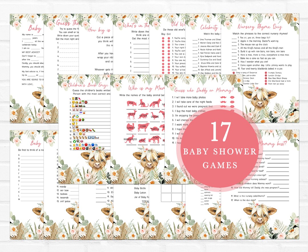 Highland Cow Baby Shower Games Bundle Pink Floral Cow Baby - Etsy