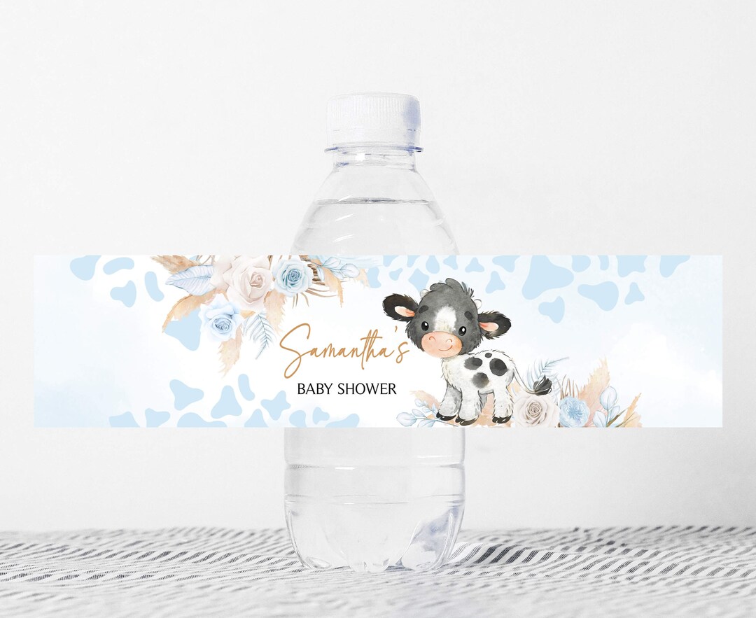 Editable Boy Highland Cow Baby Shower Bottle Label, Blue Holy Cow Baby ...