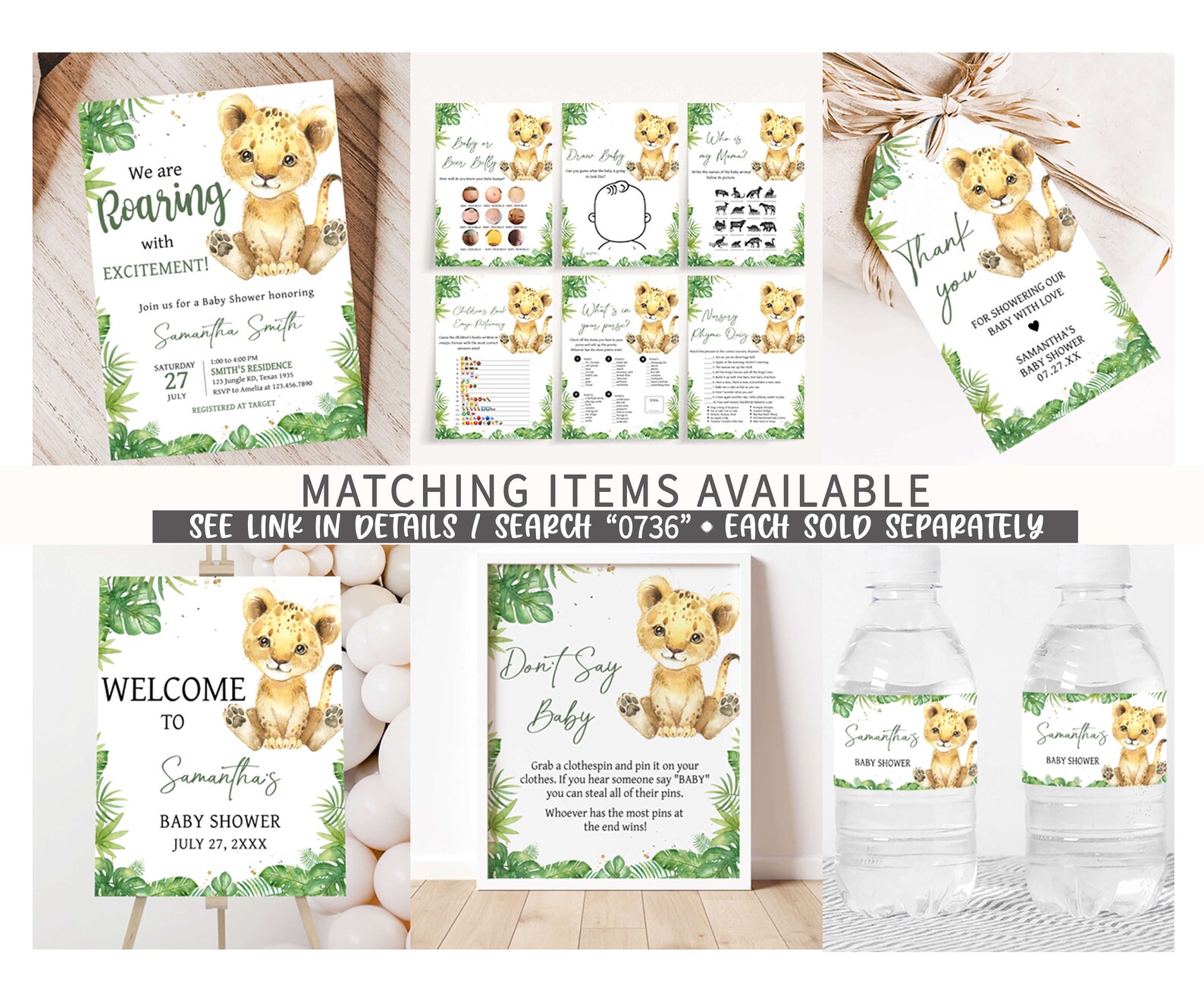 Editable Lion Baby Shower Invitation Bundle, Tropical Lion Safari Baby ...