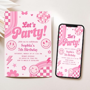 Editable Retro Smiley Face Birthday Invitation, Pink Checkered Smiley ...