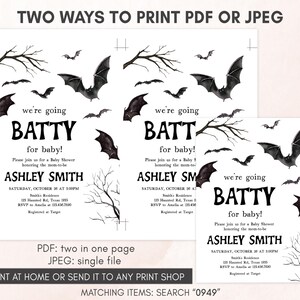 Editable We're Going Batty Halloween Baby Shower Invitation Bundle ...