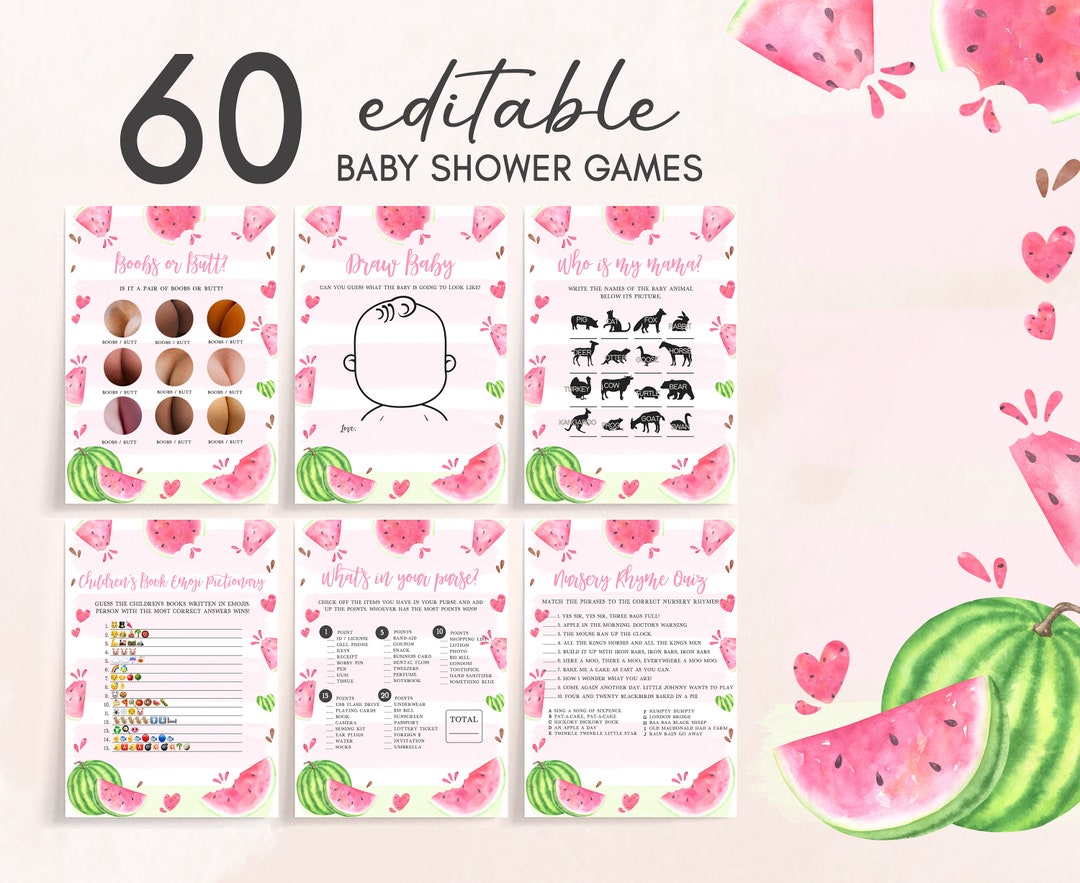 Editable Pink Watermelon Baby Shower Games Bundle Watermelon Girl Baby ...