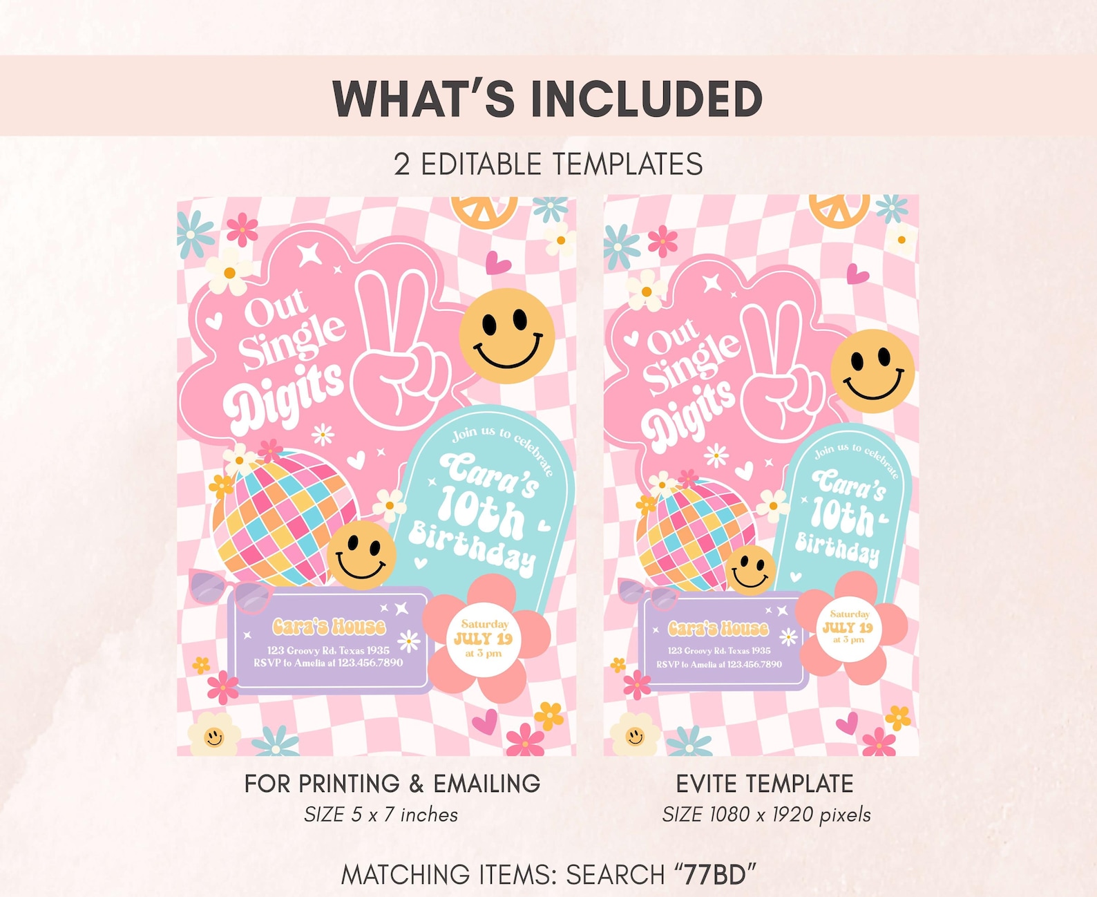 Editable Peace Out Single Digits Birthday Invitation, Retro Checkered ...