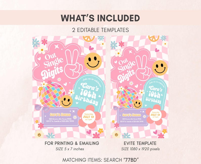 Editable Peace Out Single Digits Birthday Invitation, Retro Checkered ...
